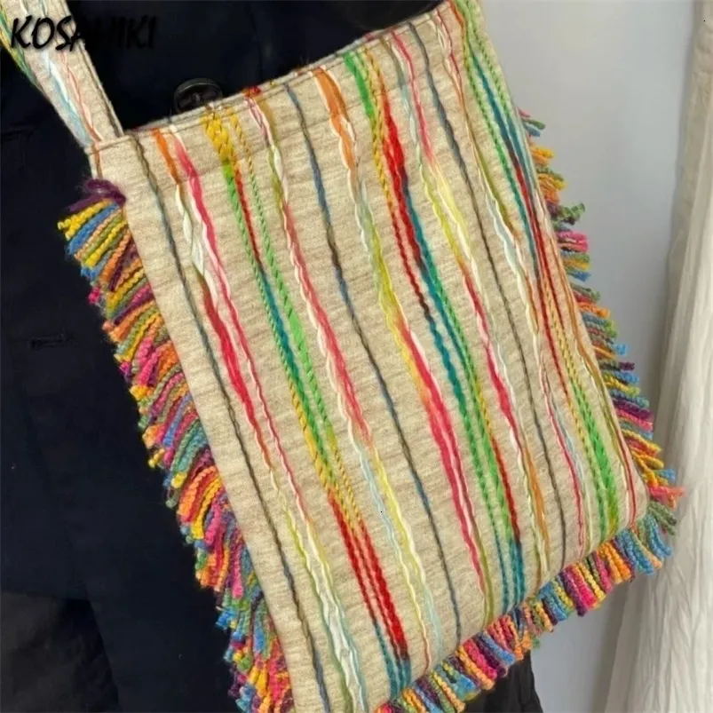 Sweet Y2k Aesthetic Rainbow Tassel Crossbody Bag, Vintage Grunge ...