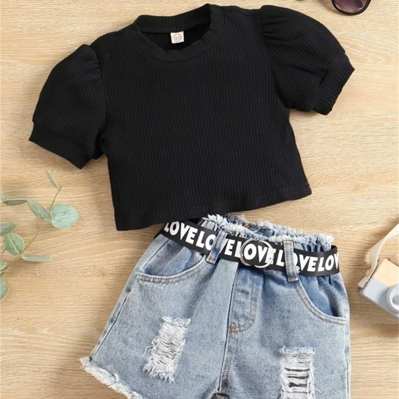 Toddler Girls' Puff Sleeve Tee and Ripped Frayed Belted Denim Shorts ...