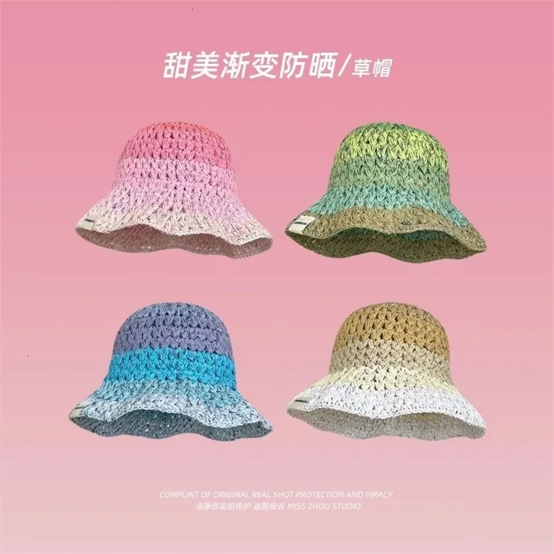 Dopamine Gradual Change Straw Women's Bucket Hat: Korean Style Sweet ...