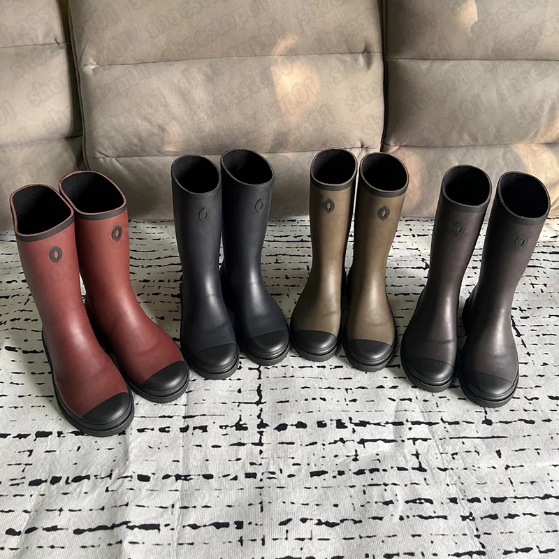 Chic Brown Designer Low Rain Boots With Thick Heels And Rubber Sole For ...