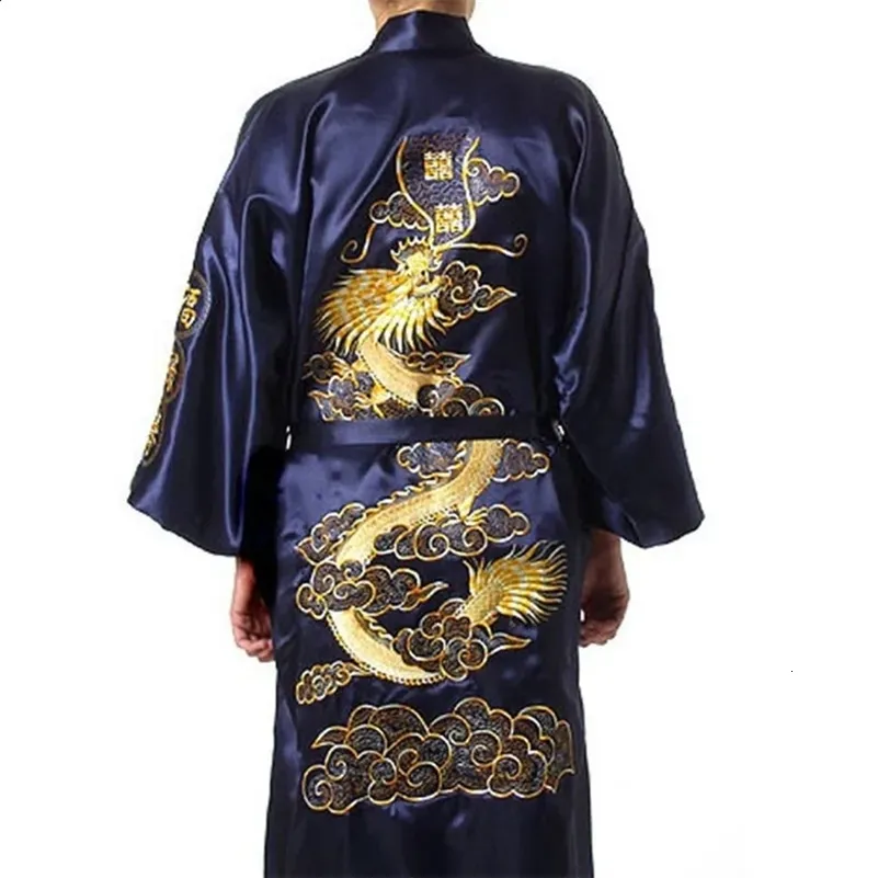 Navy Blue Satin Silk Mens Robe Embroidered Dragon Kimono Bath Gown ...