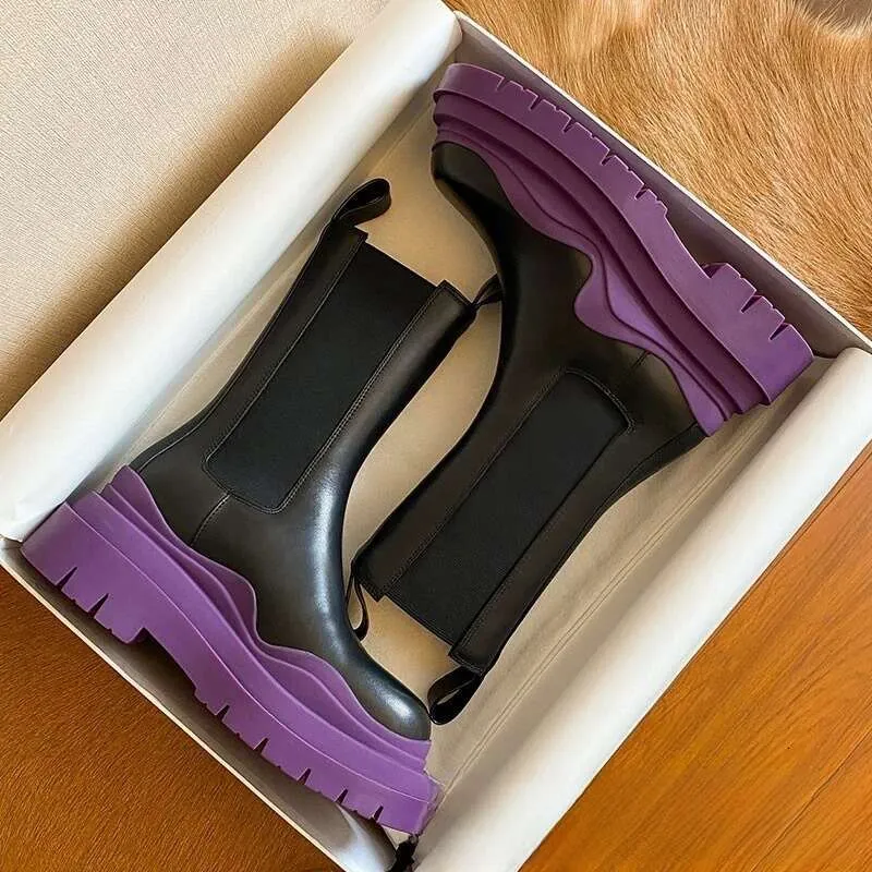 Motorcycle boots leather platform ankle boots with elastic band closure ...