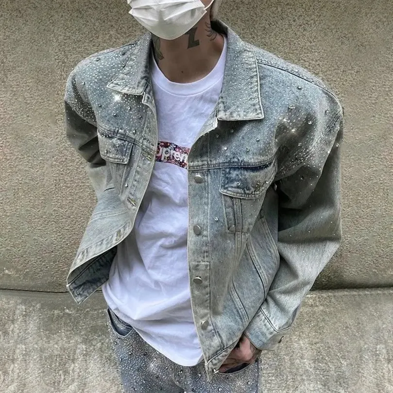 Men's Autumn Winter Rhinestone Diamond Denim Jacket, Casual High Street ...