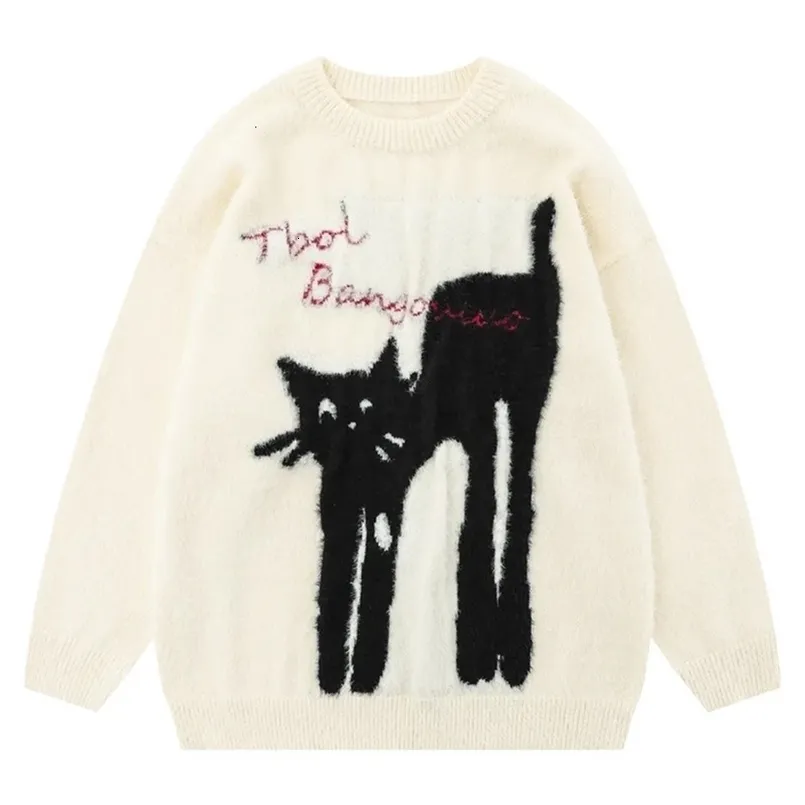 Vintage Cartoon Cat Pullover Oversized Crew Neck Sweater Soft Supple ...