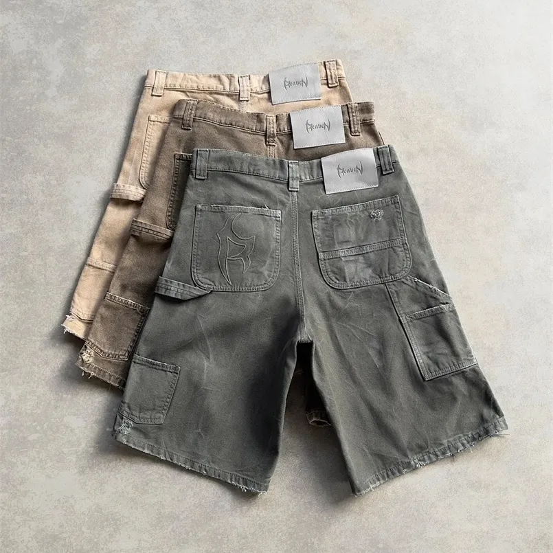 Reaven Retro Hip Hop Ripped Hole Khaki Cargo Shorts For Men Wash Baggy ...