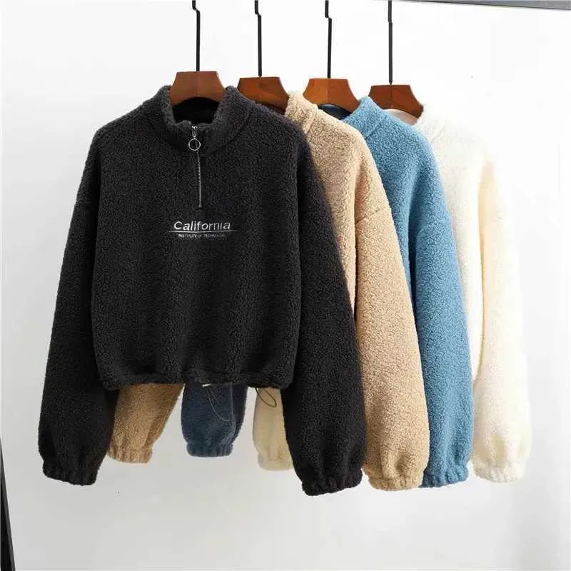 Women's Letter Embroidery Stand Neck Fleece Cropped Hoodie Autumn Long ...