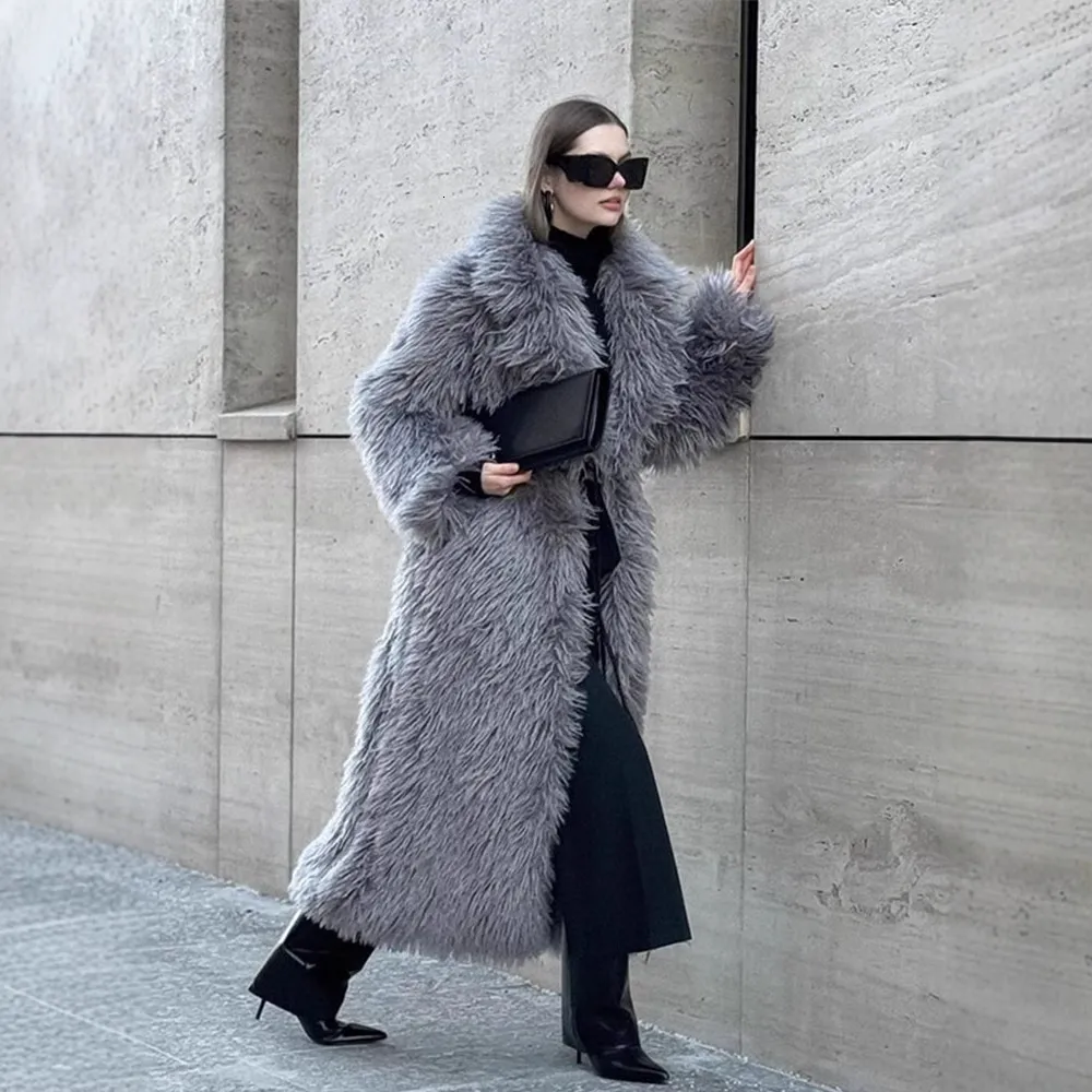 Long Faux Fur Coat Winter Warm Artificial Fur Jacket With Turn Down ...