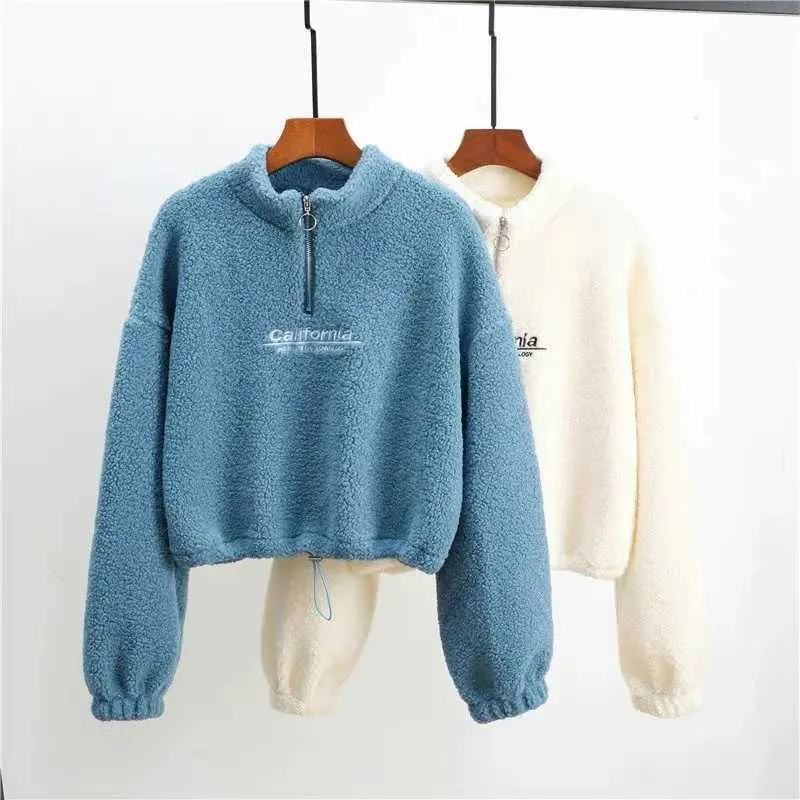 Women's Letter Embroidery Stand Neck Fleece Cropped Hoodie Autumn Long ...