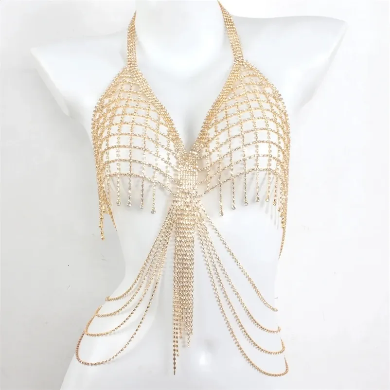 Sexy Neck Hanging Long Tassel Mesh Rhinestone Chest Chain Nightclub ...