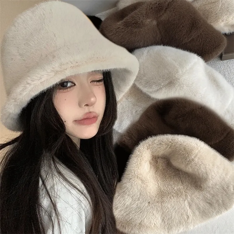 Y2K Fluffy Faux Fur Bucket Hats For Women Warm Thick Plush Rabbit Fur ...