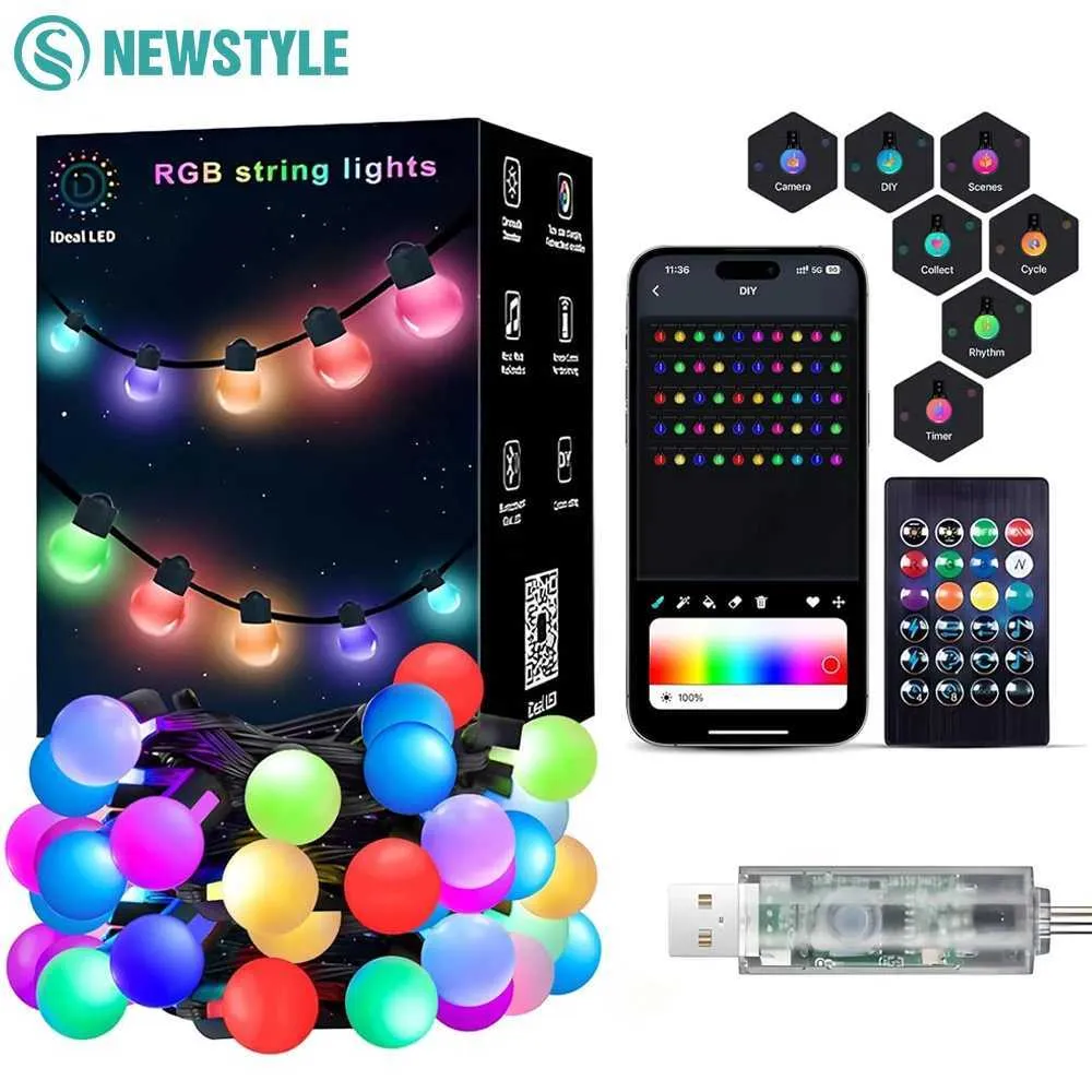 Smart RGB String Lights 33Ft 50 Bulbs with Remote, IP65 Outdoor Color ...