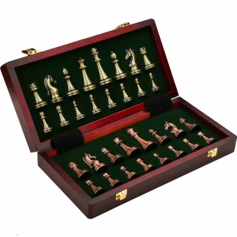 High End Chess Set 11.8 Inch Foldable Solid Wood Box Antique Bronze ...