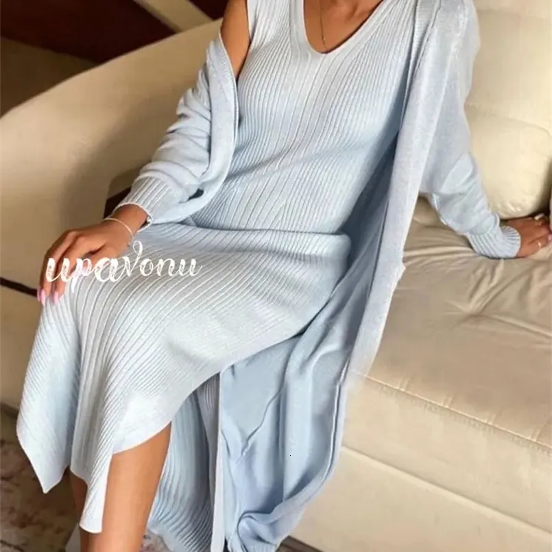 Elegant Women's Knit Two Piece Dress Set: Fall Long Sleeve Cardigan ...