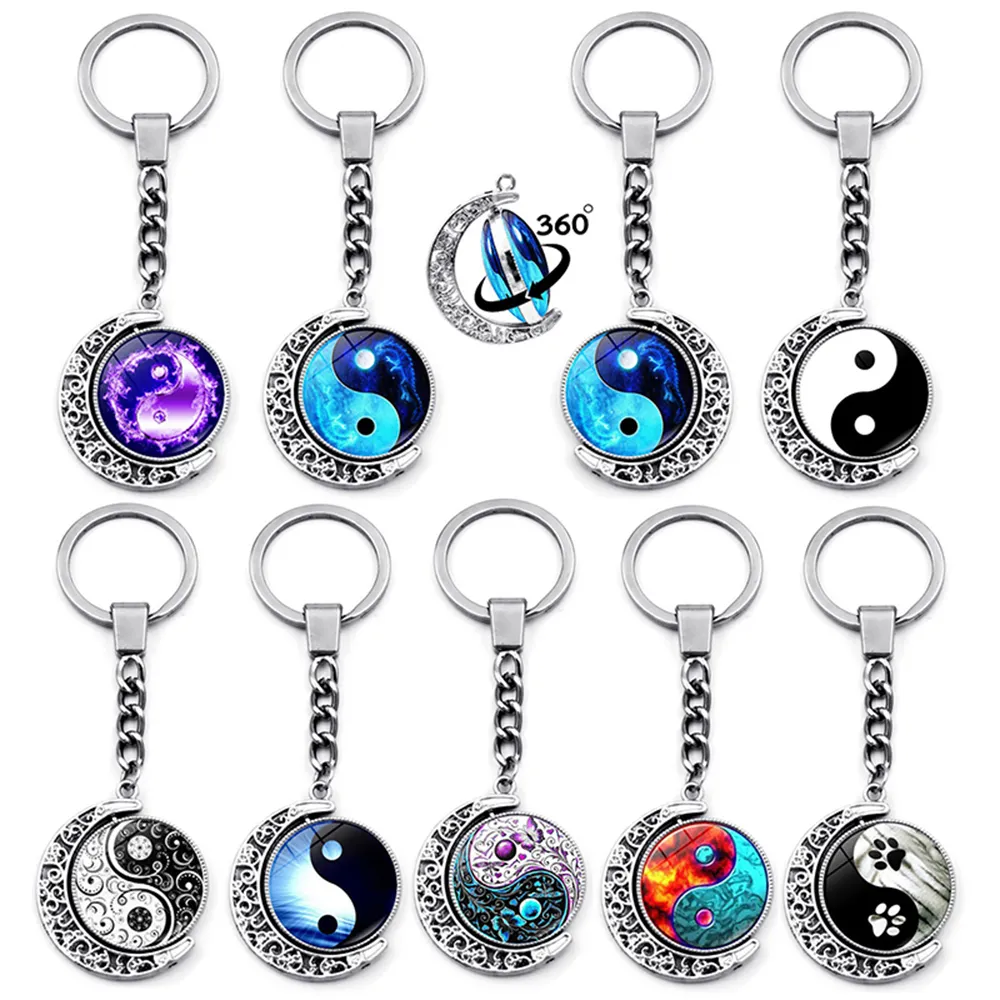 Yin Yang Taiji Keychain 360° Rotating Mini Glass Ball Pendant Lucky ...