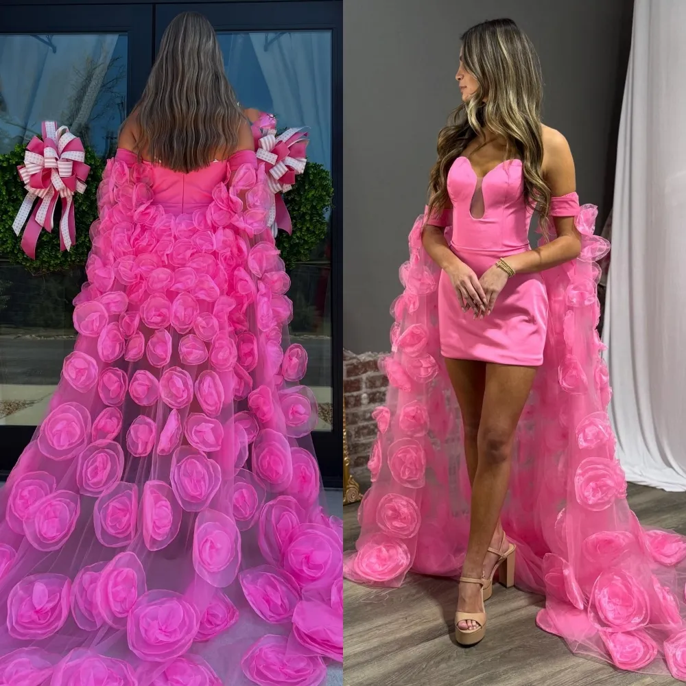 Pink Strapless Hoco Hot Pink Prom Dress With 3D Floral Rose Petal Cape ...