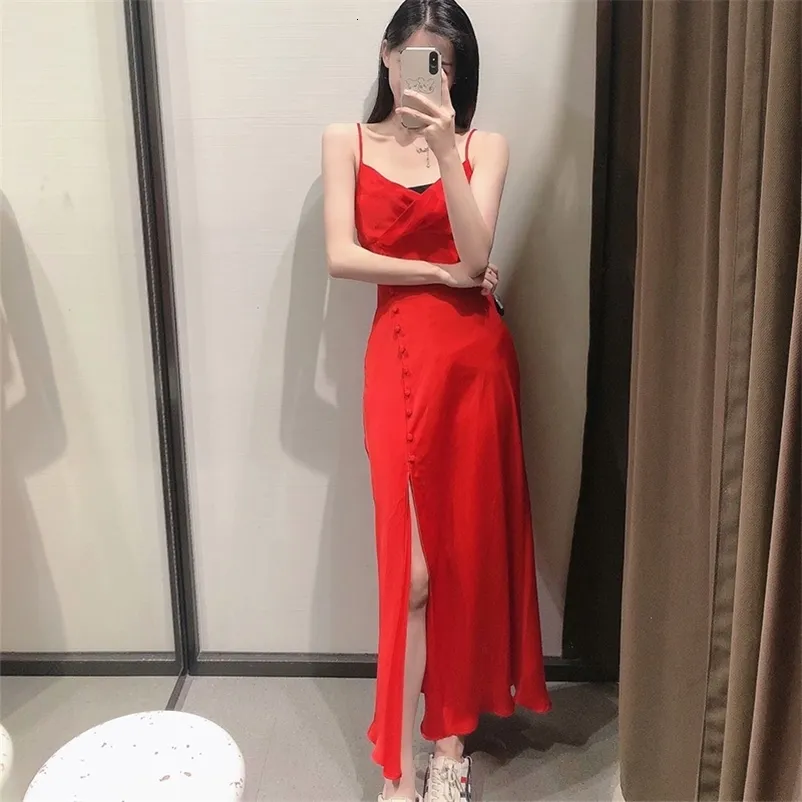 Women's Red Chiffon Maxi Dress With Side Slit – Sling... From Kong003 ...