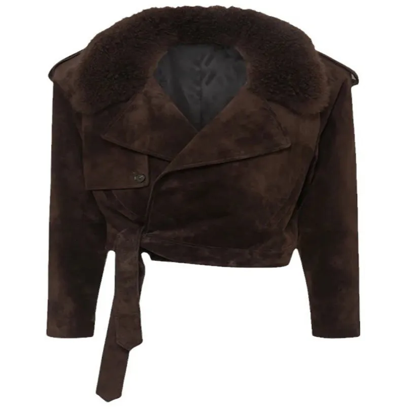 Stylish Vintage Brown Suede Suede Jacket Women With Furry Collar And ...