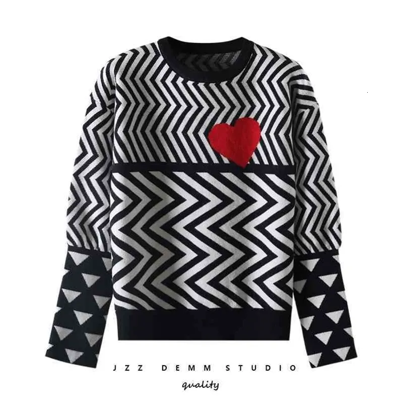 Qooth O-Neck Sweater for Women, Striped Knitted Pullovers, Spring Love ...