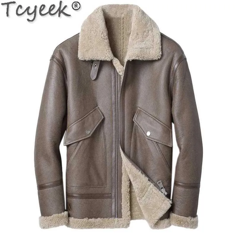 Tcyk Mens Genuine Leather Motorcycle Jacket Winter Sheepskin Fur Coat ...