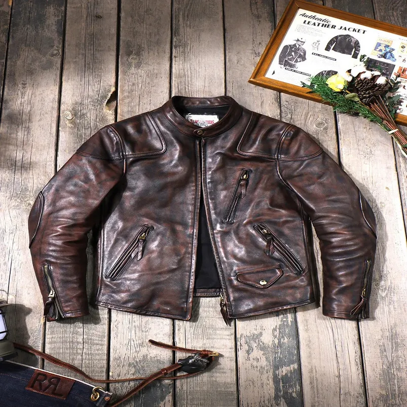 Tea Core Horseskin Leather Biker Jacket Distressed Vintage Wash, Stand ...