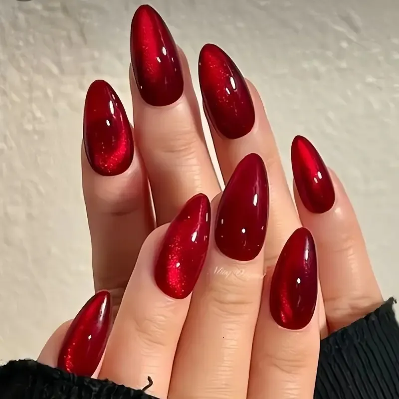 Fake Nail Tips Cherry Red Cat Eye Wearable Brightening Nail Stickers ...