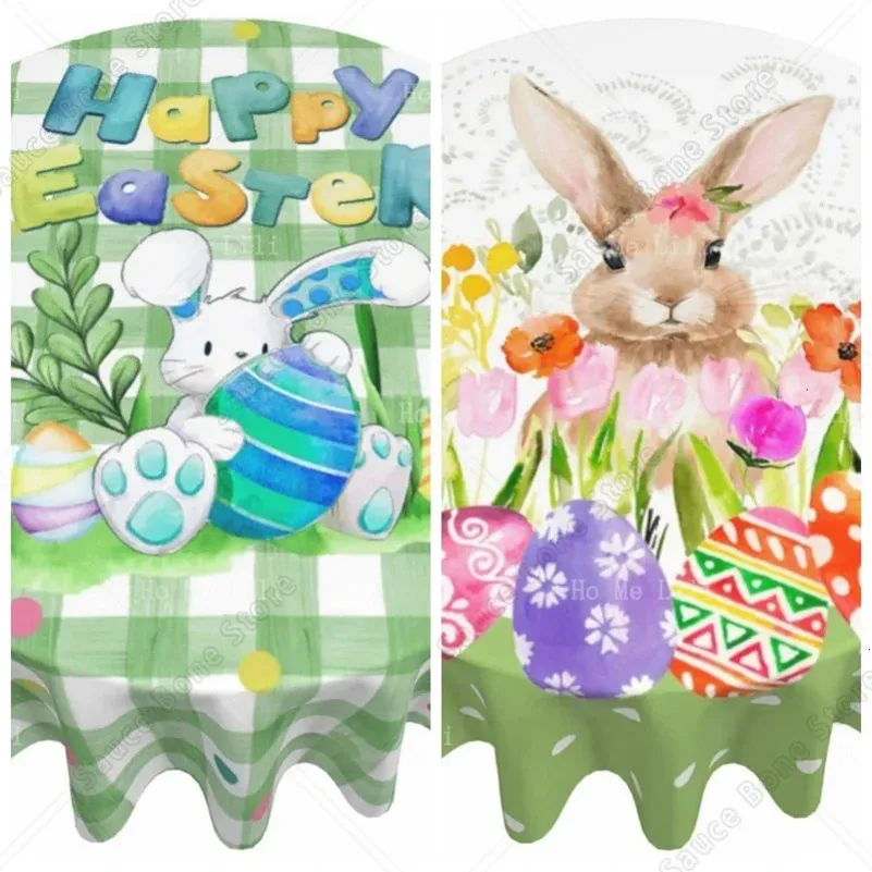 Easter Egg Bunny Rabbit Round Tablecloth, Spring Green Buffalo Plaid ...
