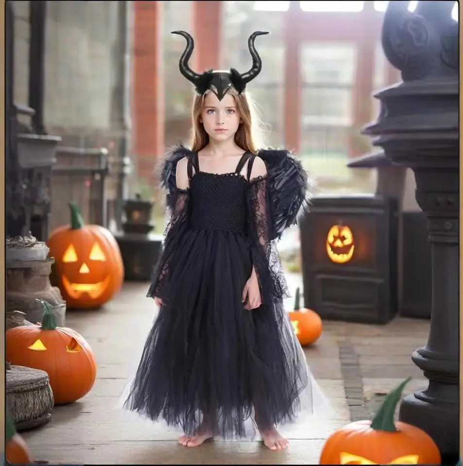 Maleficent Tutu Maid Dress Halloween For Girls Evil Queen Black Mesh ...