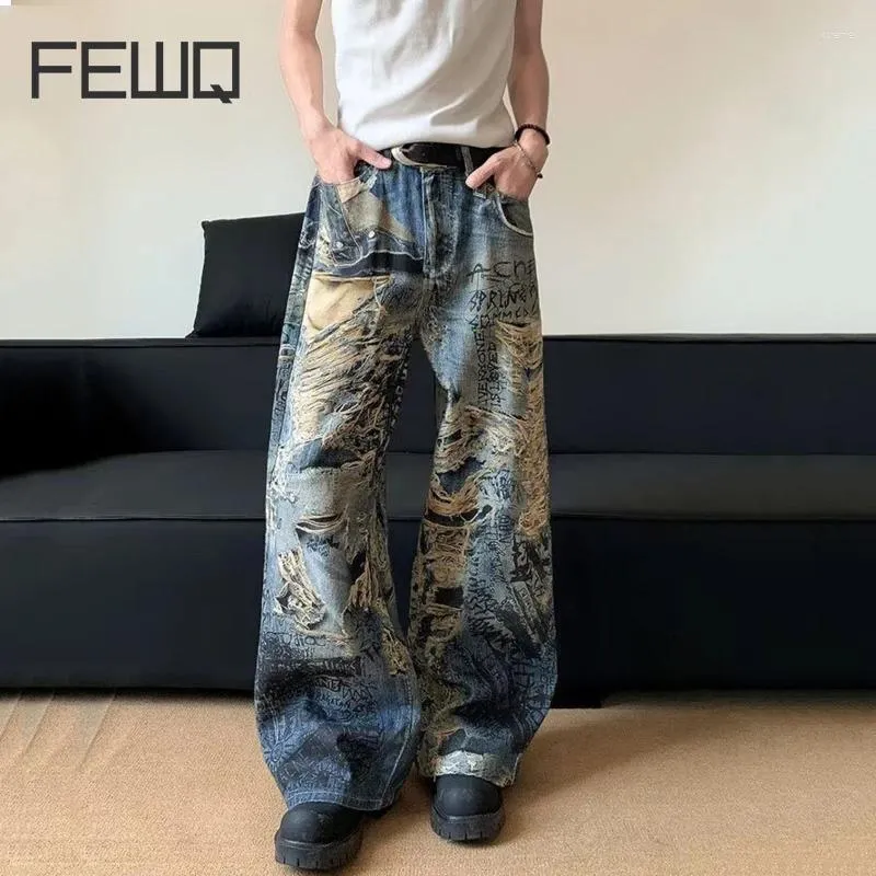 FEWQ Niche Design Men's Denim Tapestry Pants With 3D Digital Printing ...