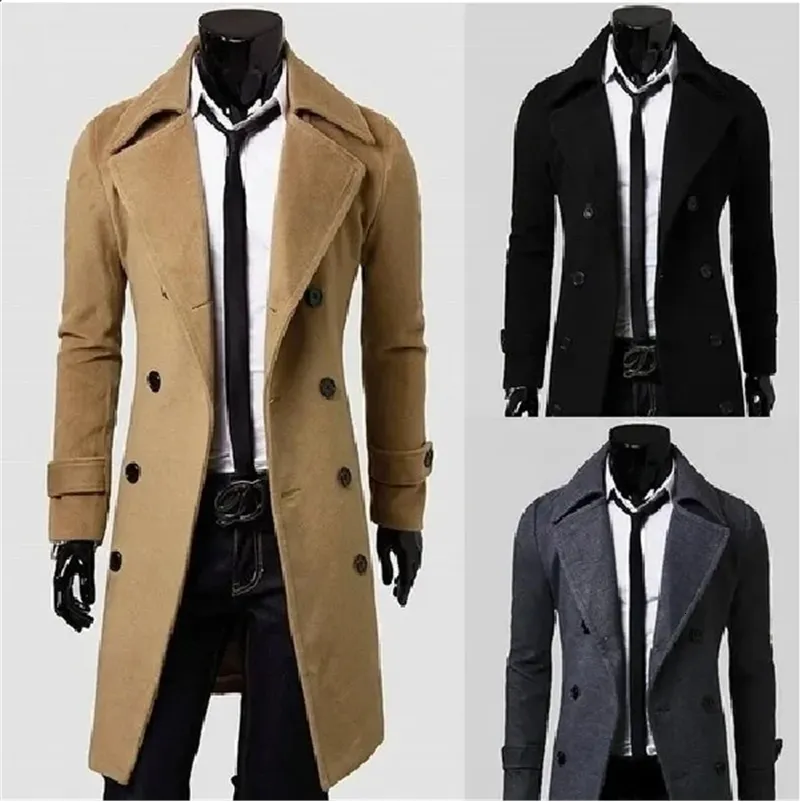 Fashionable Mens Wool Coat Long Trench With Double Row Buttons Warm ...