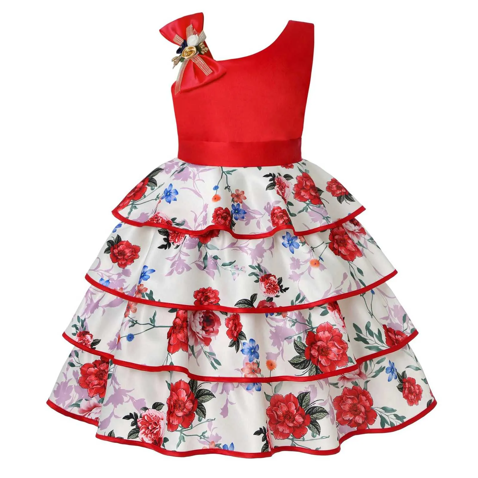 W250925 Girls Asymmetrical Shoulder Bow Tie Cake Dress Printed Formal ...