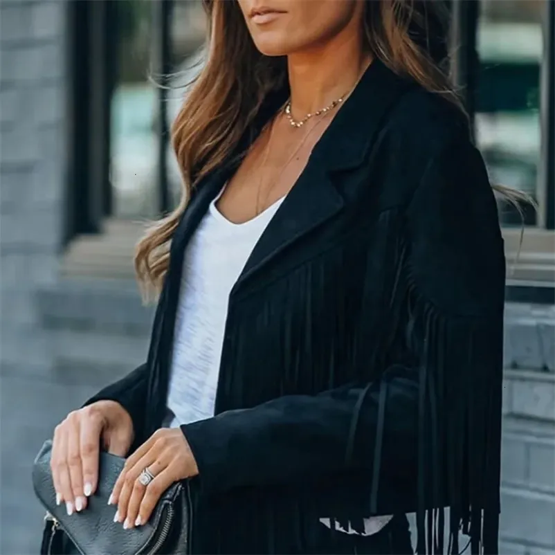 Chic Women's Faux Suede Moto Suede Fringe Jacket With Cropped Fringe ...