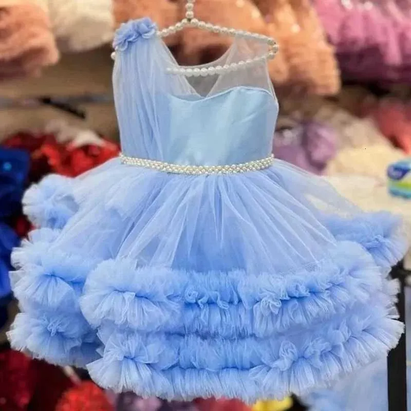 Blue Tulle Princess Flower Girl Tutu Dress With Puffy Tiered Pearls ...