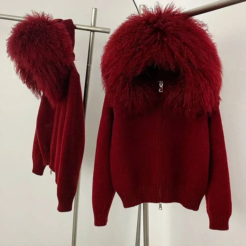 Cardigan with Natural Fox Fur Coat for Women, Real Mongolian Knitwear ...