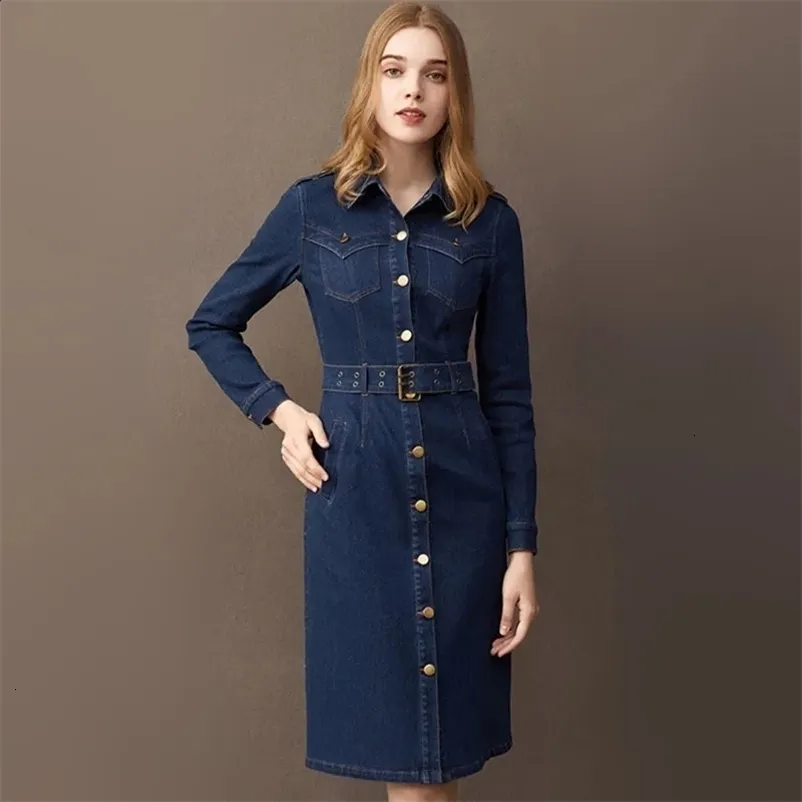 Women's Mid-Length Denim Dress, Spring Autumn Fashion, Long-Sleeve ...