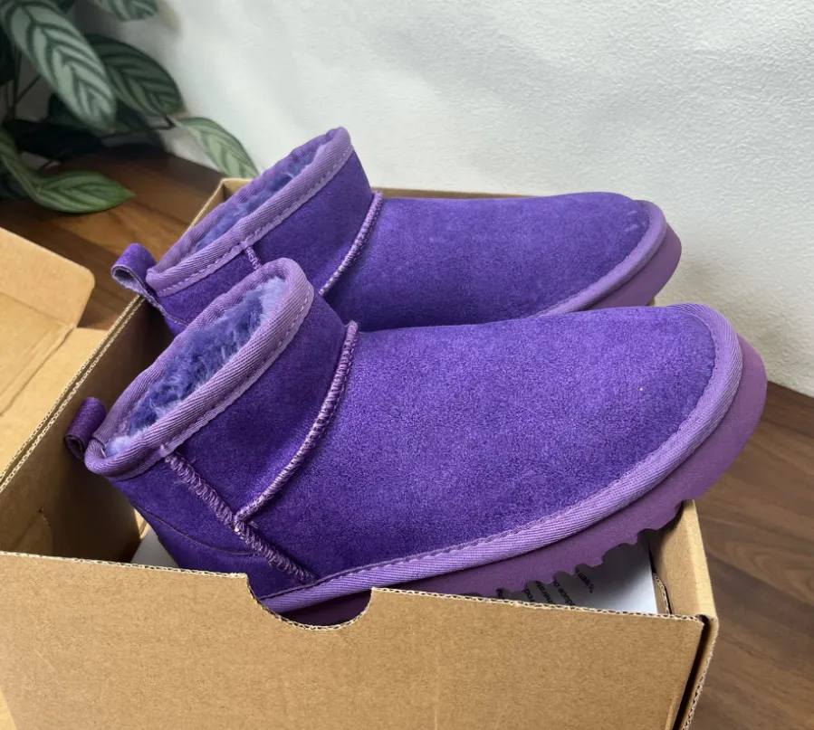 Genuine Suede Mini Boots For Women Winter Fuzzy Snow Boots Short Ankle ...