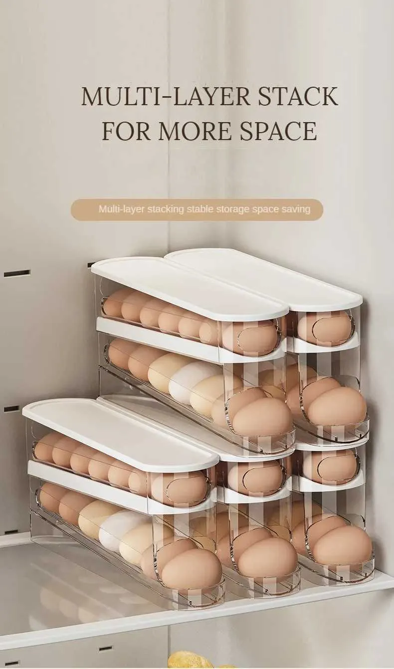 Bilayer Fridge Egg Storage Box, Automatic Rolling Eggs Holder Rack ...