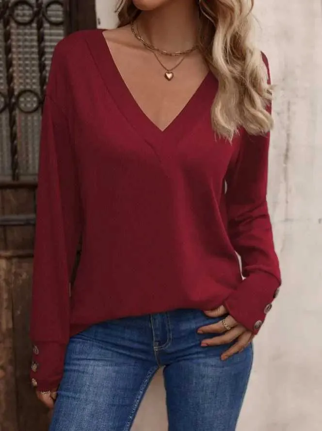 Spring Women's Black V-Neck Long Sleeve Button Loose Fit Top - Elegant ...