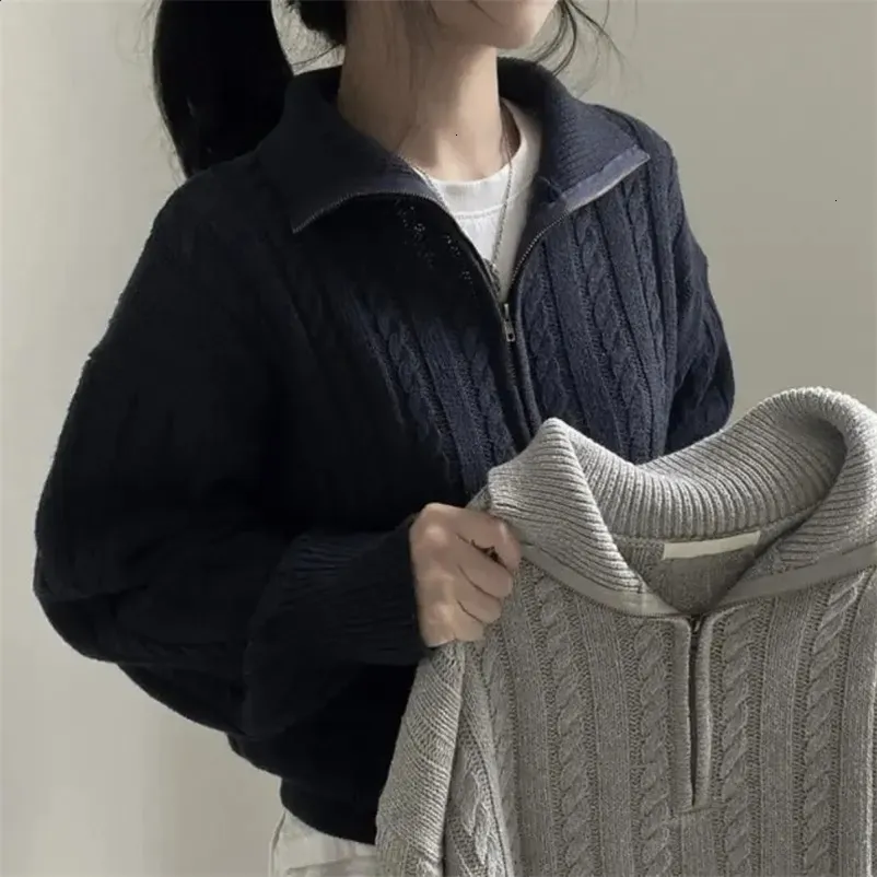 Deeptown Korean Fashion Half Zipper Sweaters For Women, Vintage Twisted ...