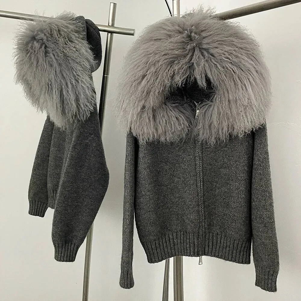 Cardigan with Natural Fox Fur Coat for Women, Real Mongolian Knitwear ...