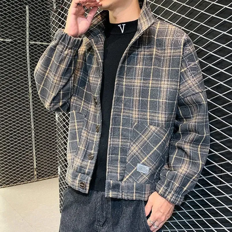 Short Male Wool Blend Coat Plaid Mens Jacket Y2k Cold Weather Korean ...