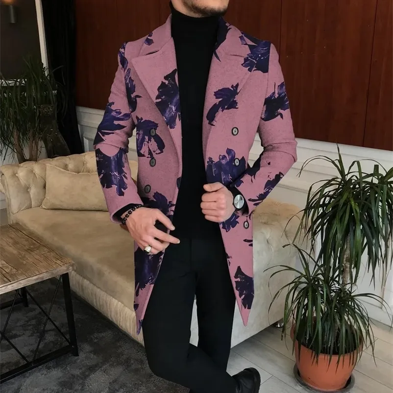Fashion Men's Personalized Autumn Long Coat Printed Button Lapel ...