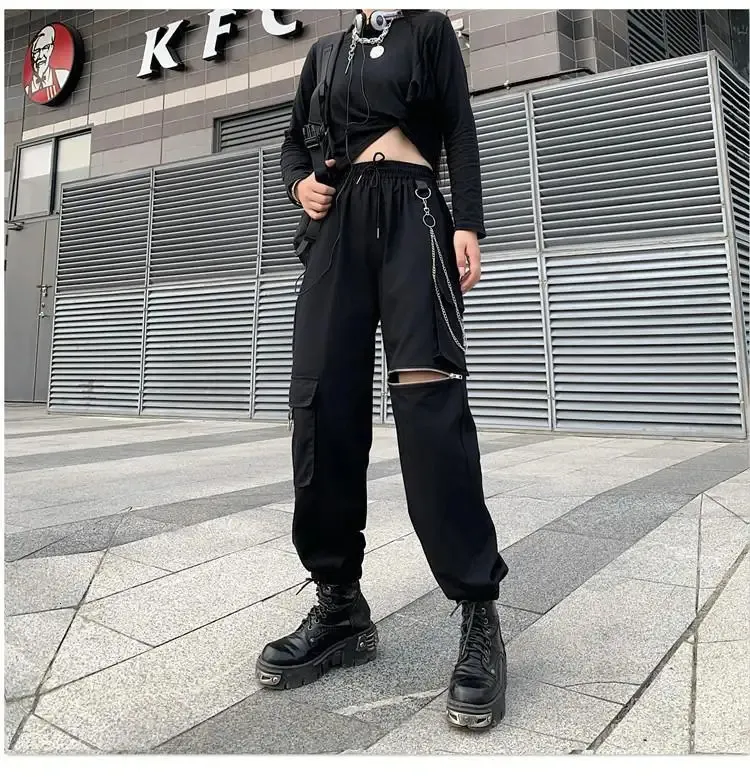 Gothic Cargo Pants for Women, Punk Chain, Harajuku Black Trousers ...