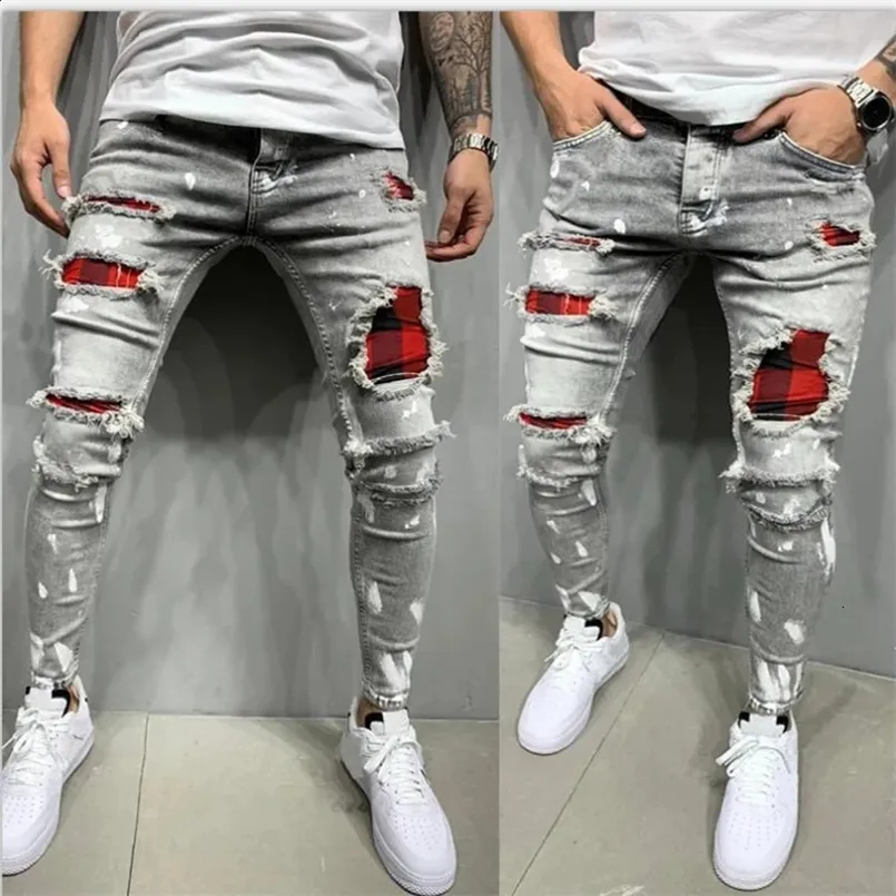 High Quality Fashion Men's Painted Stretch Skinny Jeans Slim Fit Ripped ...