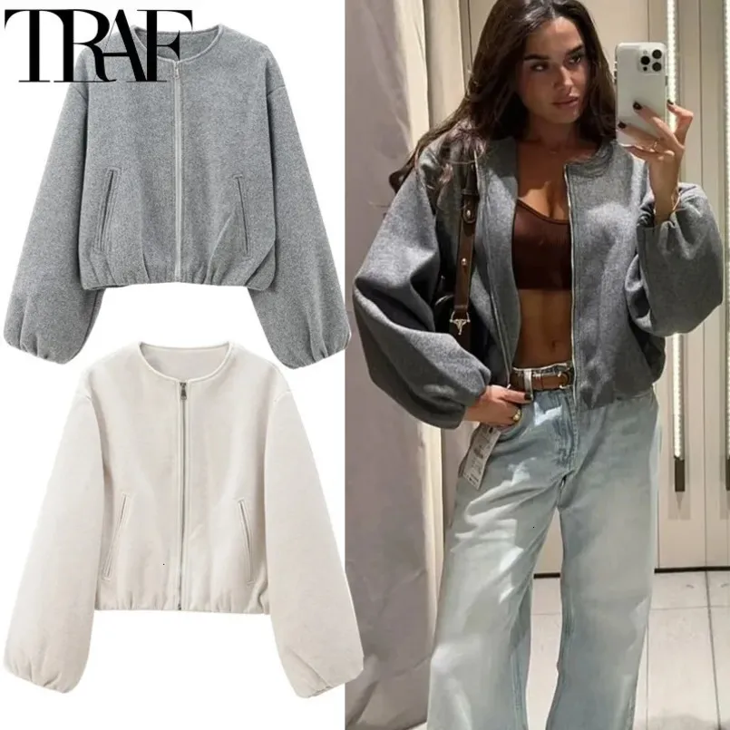 Traf Outerwear Women's Cropped Bomber Jacket: Autumn Long Sleeve Faux ...
