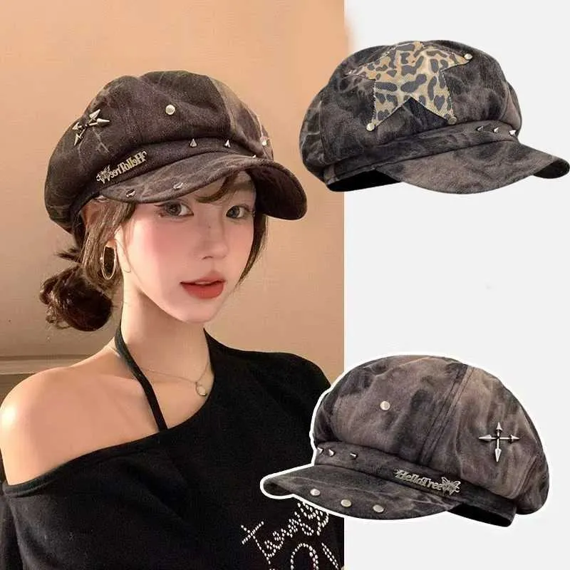 Y2K Personzed Star Sticker Rivet Design Berets Versatile Retro Tiedye ...