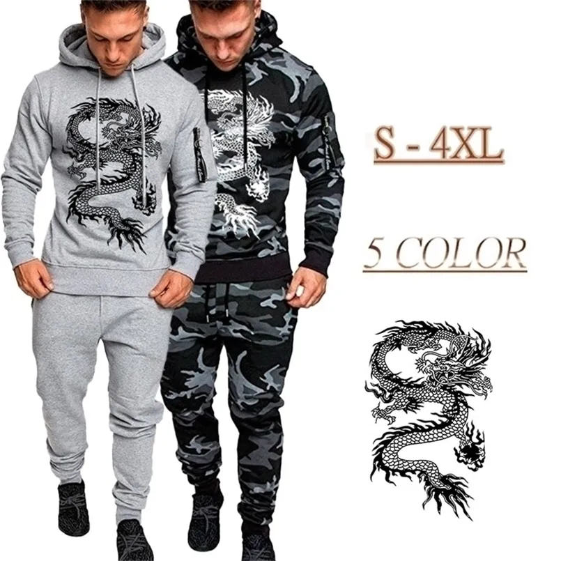 Camouflage Dragon Print Men's Men's Fleece Jogging Sets With Hoodie And ...