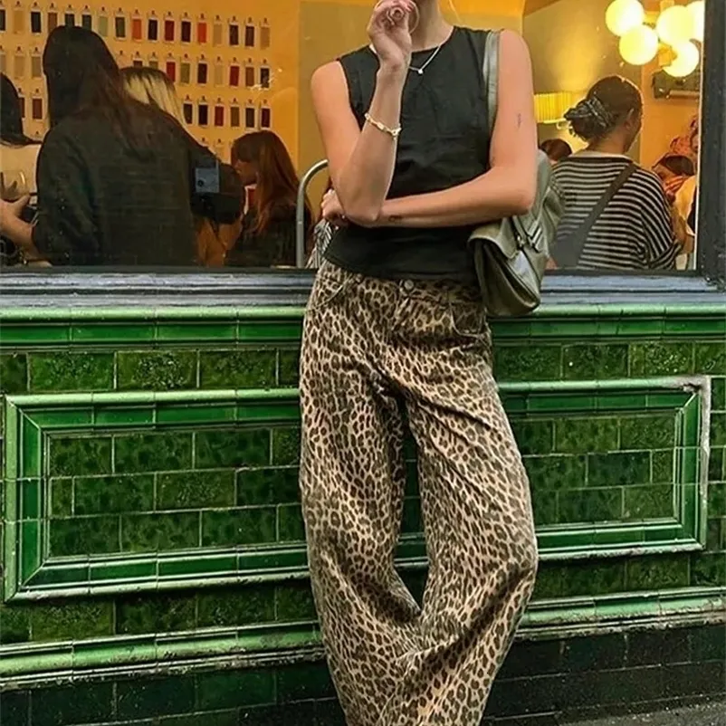 Y2k Leopard Print Women's Pants, Spring Chic Loose High Waist Wide Leg ...
