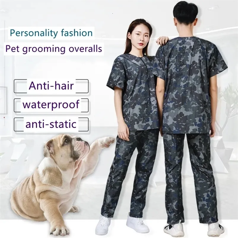 Pet Dog Grooming Uniform: Camouflage Pants, Short Sleeve Waterproof Top ...