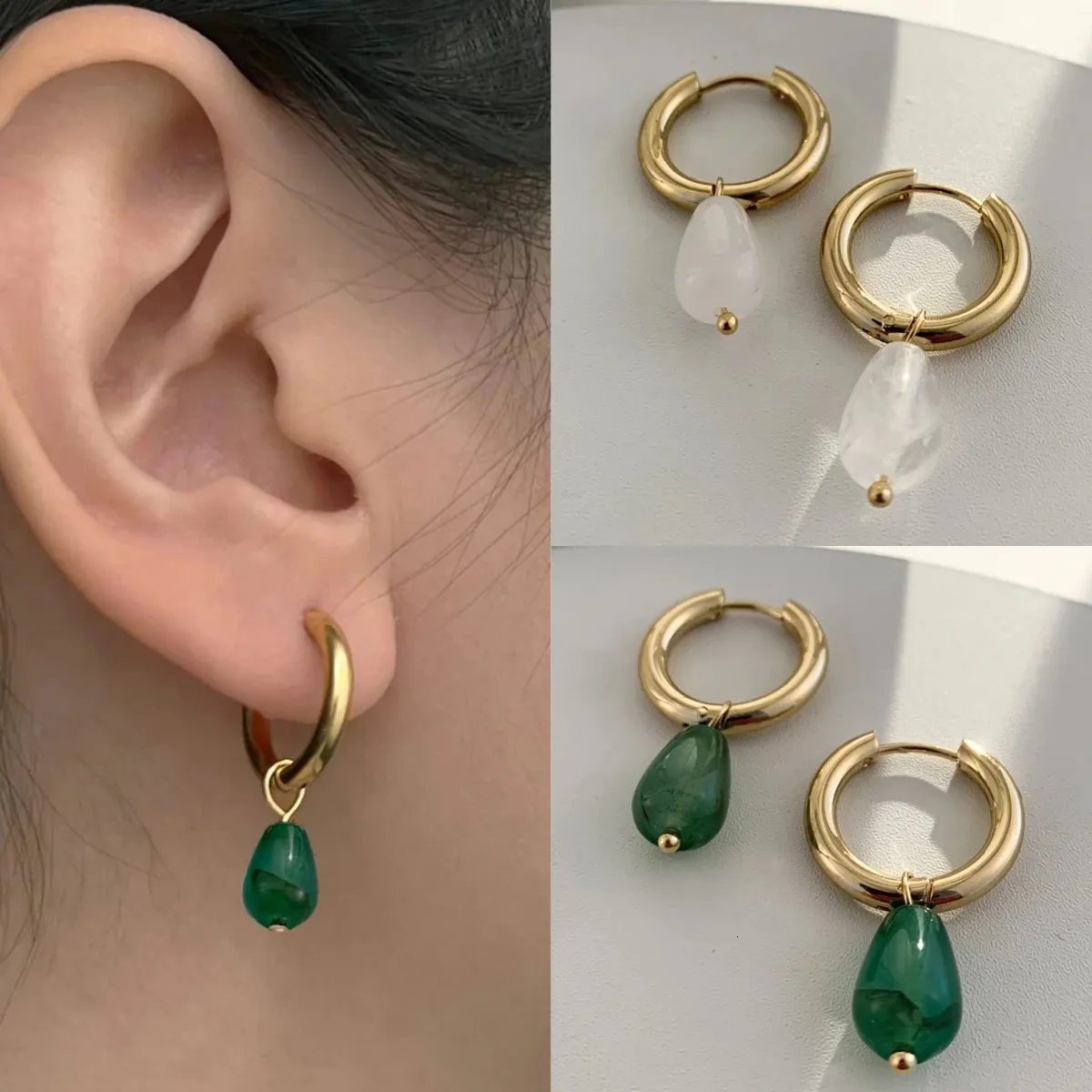 Vintage Transparent Green Natural Stone Teardrop Dangle Earrings for ...