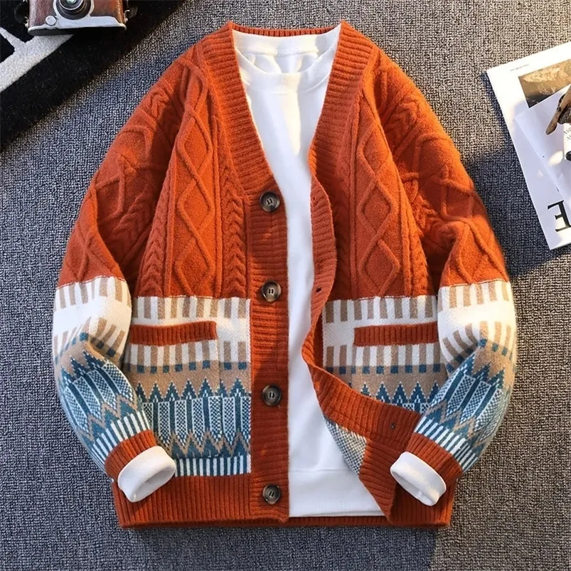 Retro Japanese Chunky Cardigan Mens With V Neck Patchwork Warm And ...